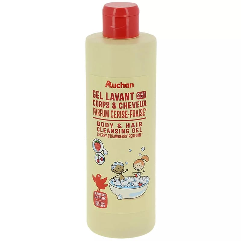 AUCHAN KIDS GEL DOUCHE ET SHAMPOING 3 EN 1 CERISE ET FRAISE 250ML